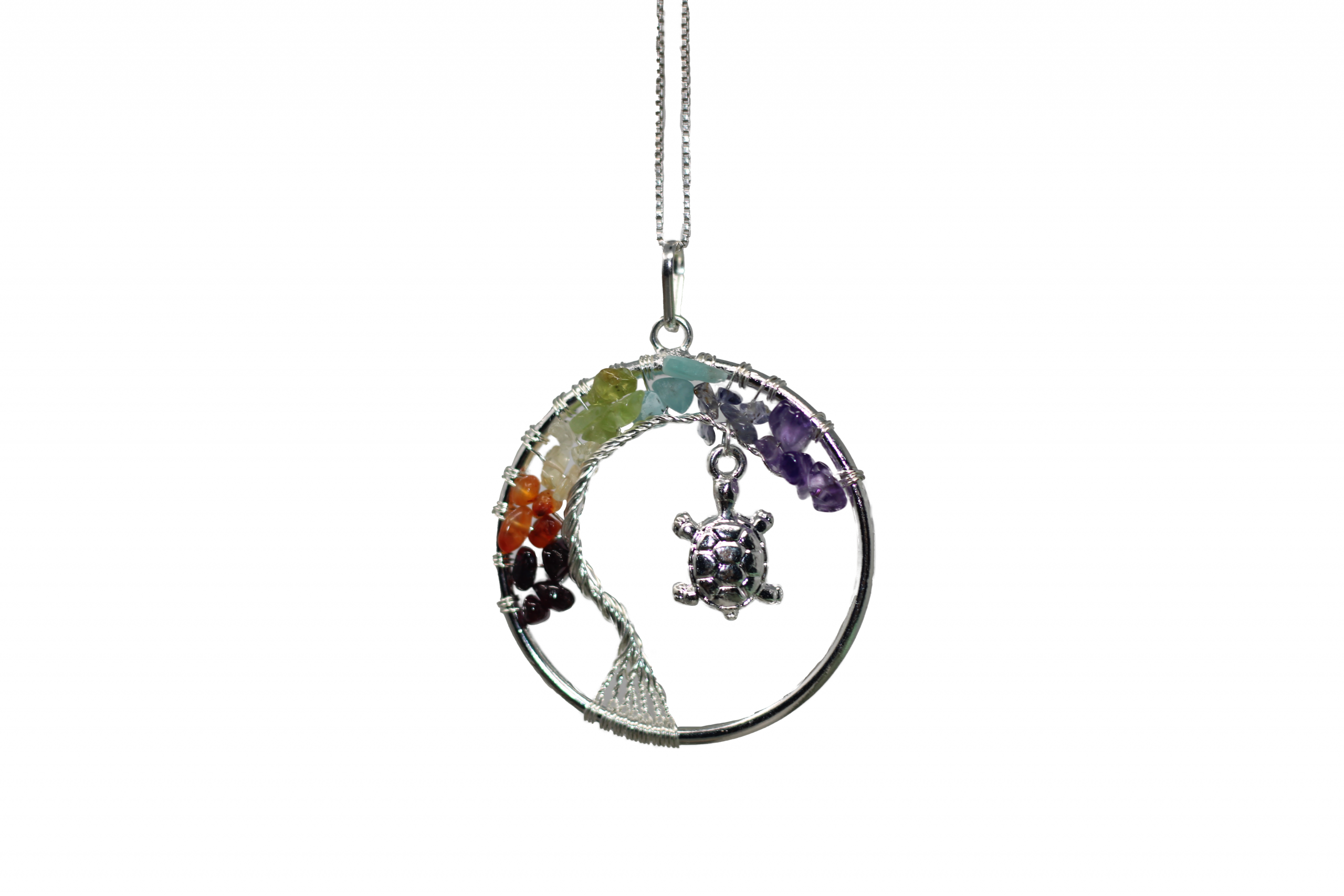 7 Chakra Natural Crystal Tree of Life Necklace | Wire Wrapped Turtle ...